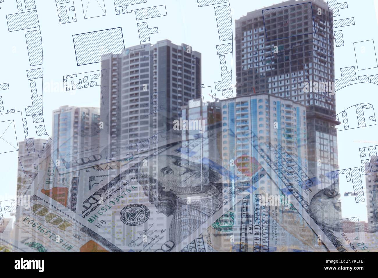 Multiple exposure of cadastral map, money and buildings Stock Photo - Alamy