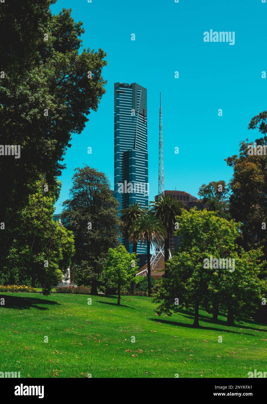 Eureka Skydeck tower viewed from King's Domain park behind the tall ...