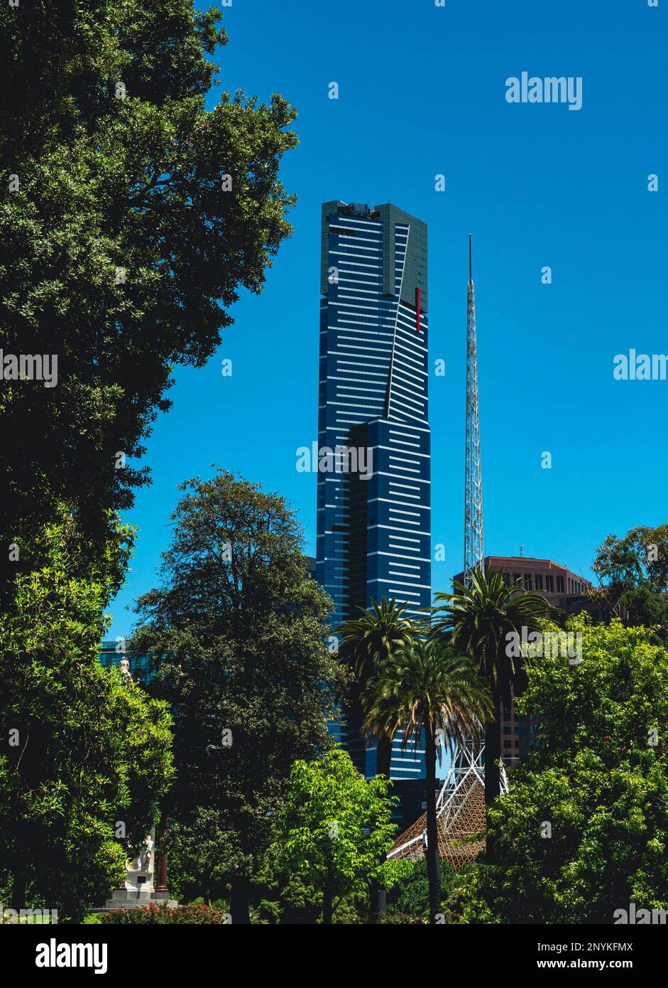 Eureka Skydeck tower behind the tall spoke structure of Arts Centre ...