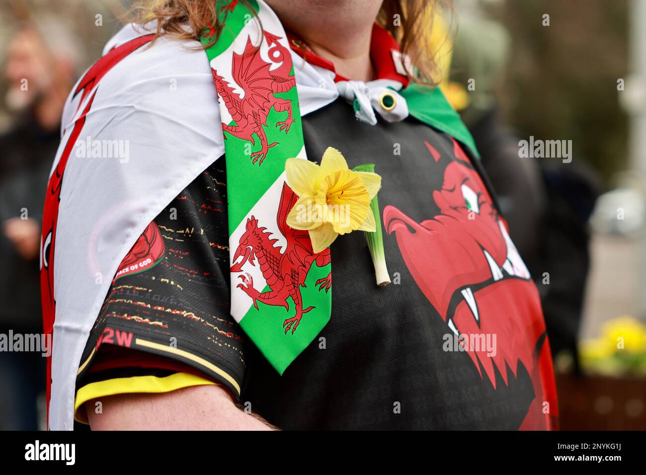 Cardiff, UK. 01st Mar, 2023. A participant is seen draped with the ...