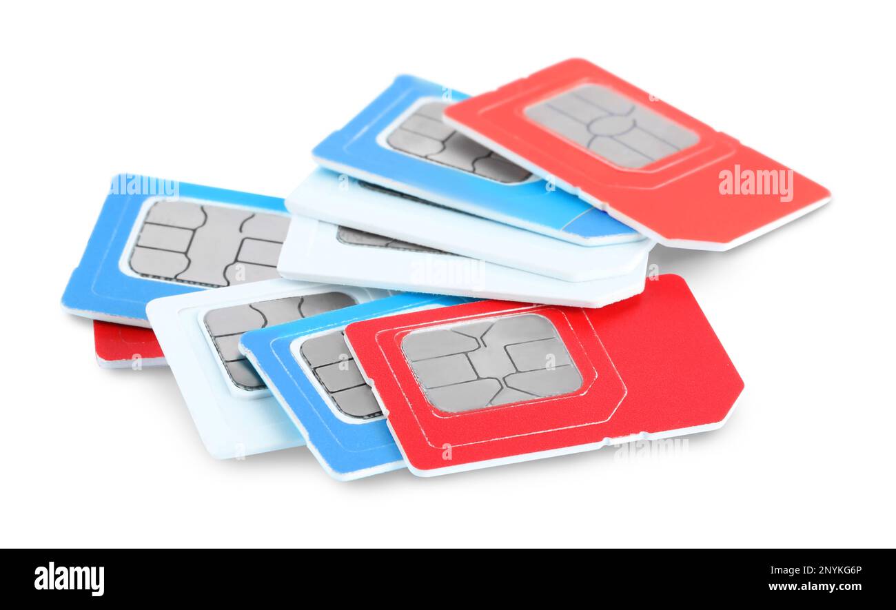 Pile of different SIM cards on white background Stock Photo - Alamy