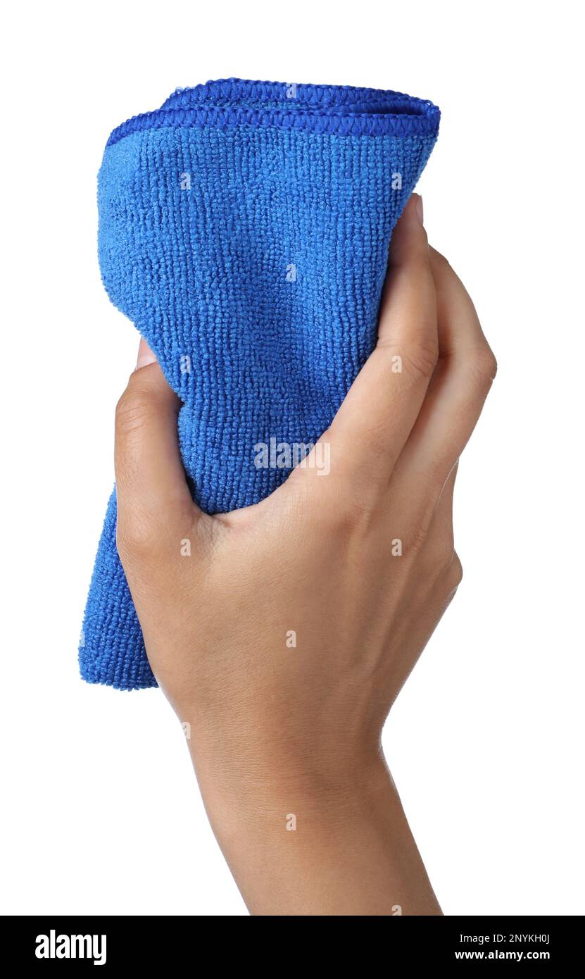 Woman with microfiber cloth on white background, closeup Stock Photo ...