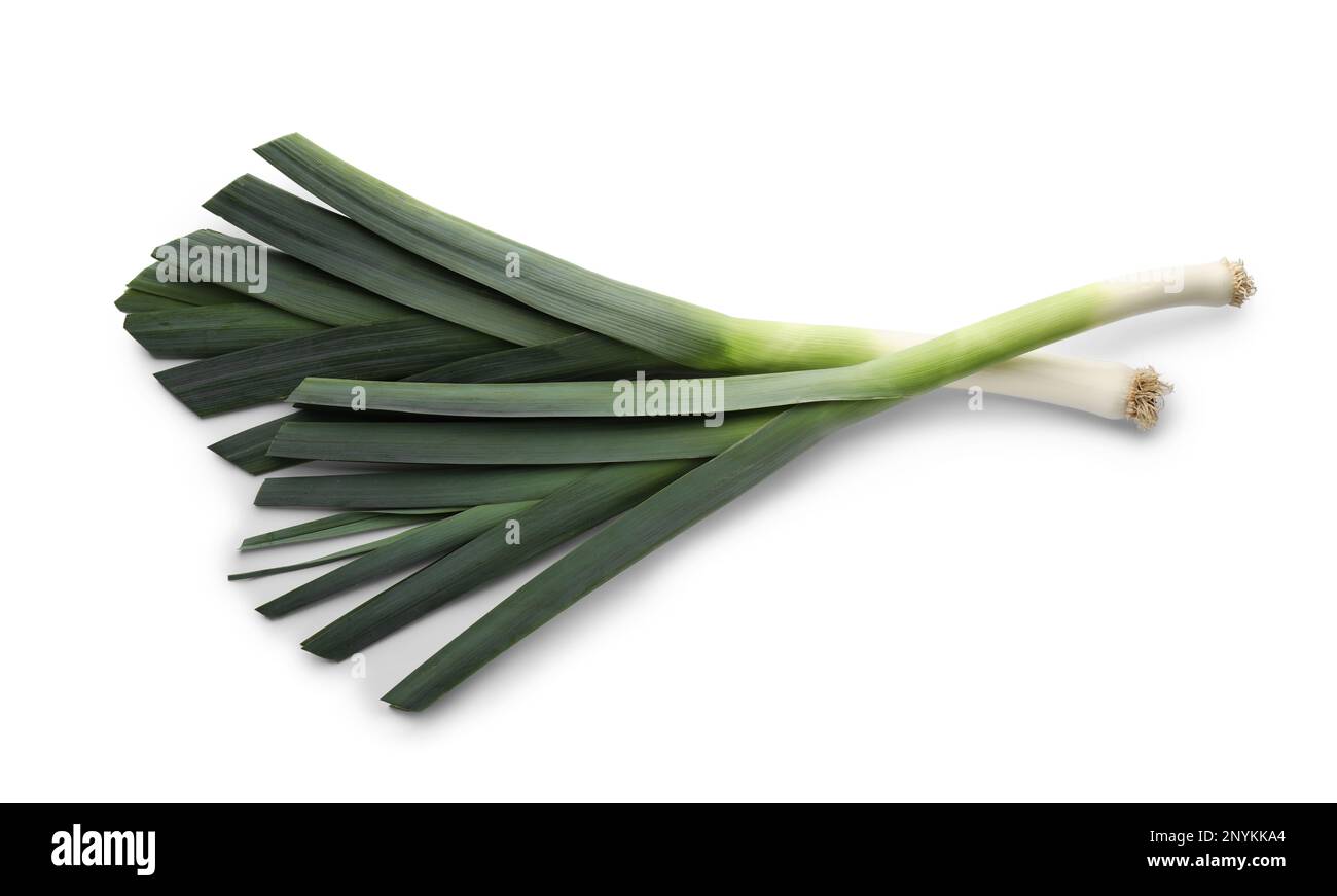 Fresh raw leeks on white background, top view Stock Photo - Alamy