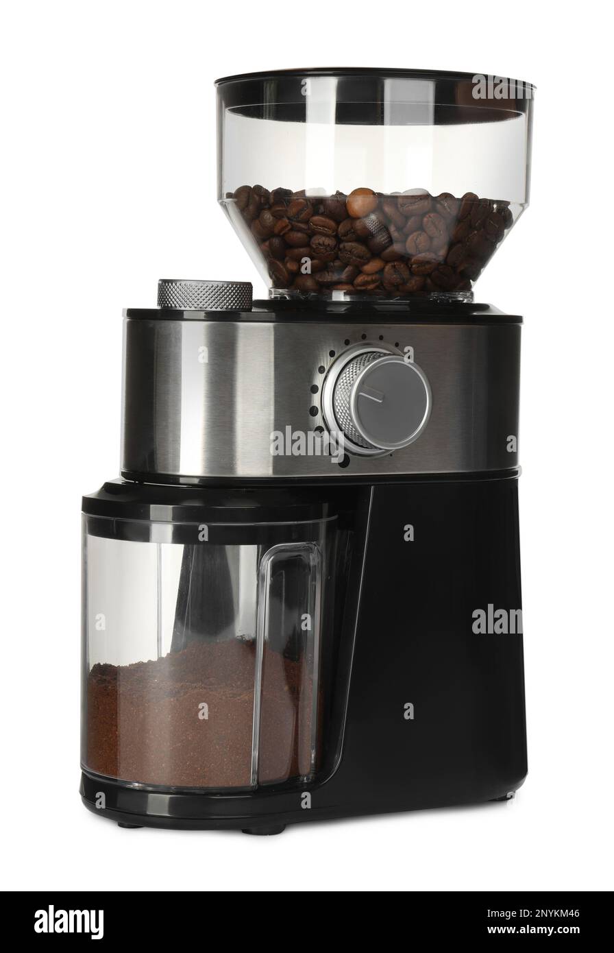 Modern electric coffee grinder with beans and powder isolated on white ...