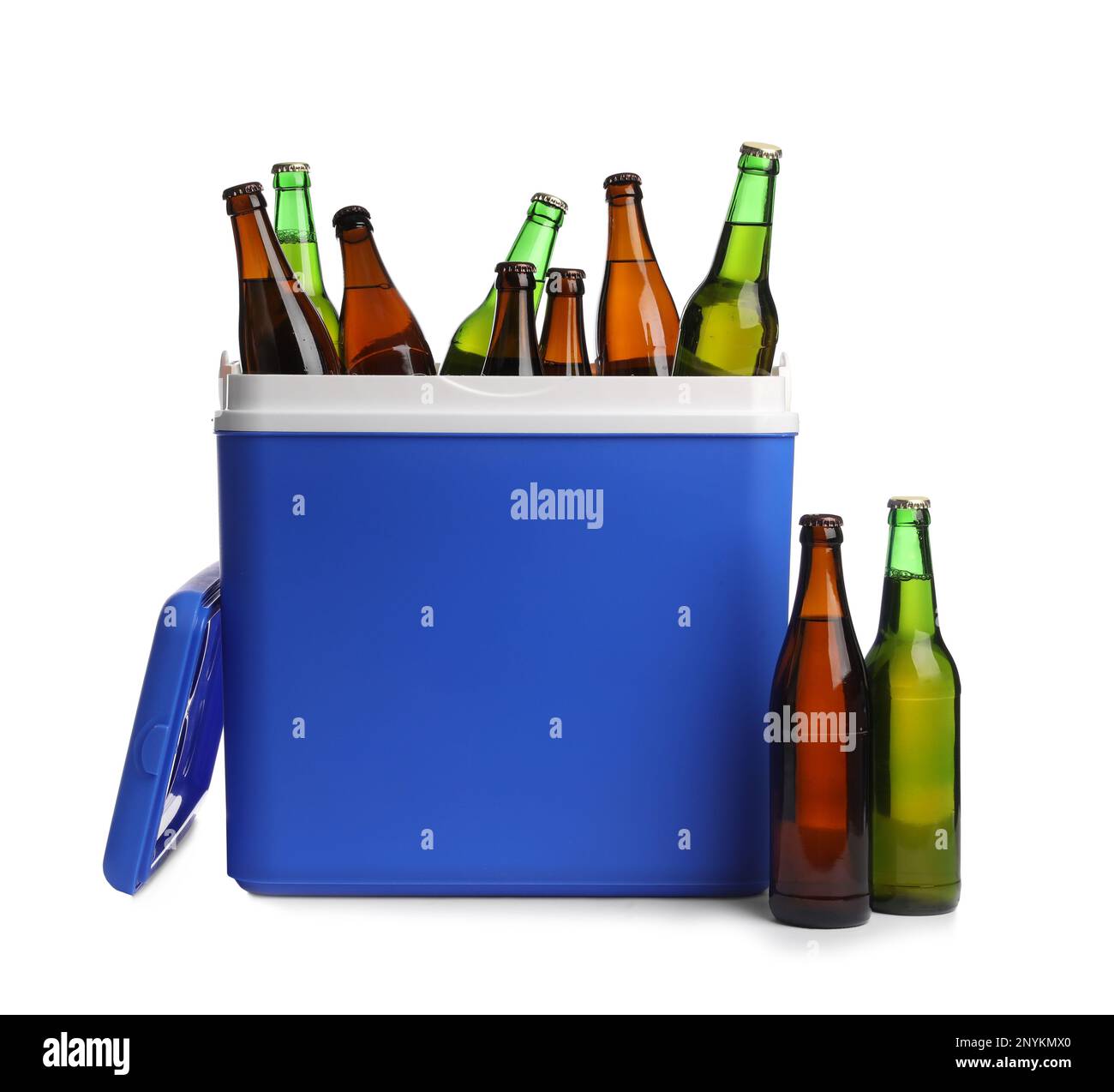 Blue plastic cool box with bottles isolated on white Stock Photo - Alamy