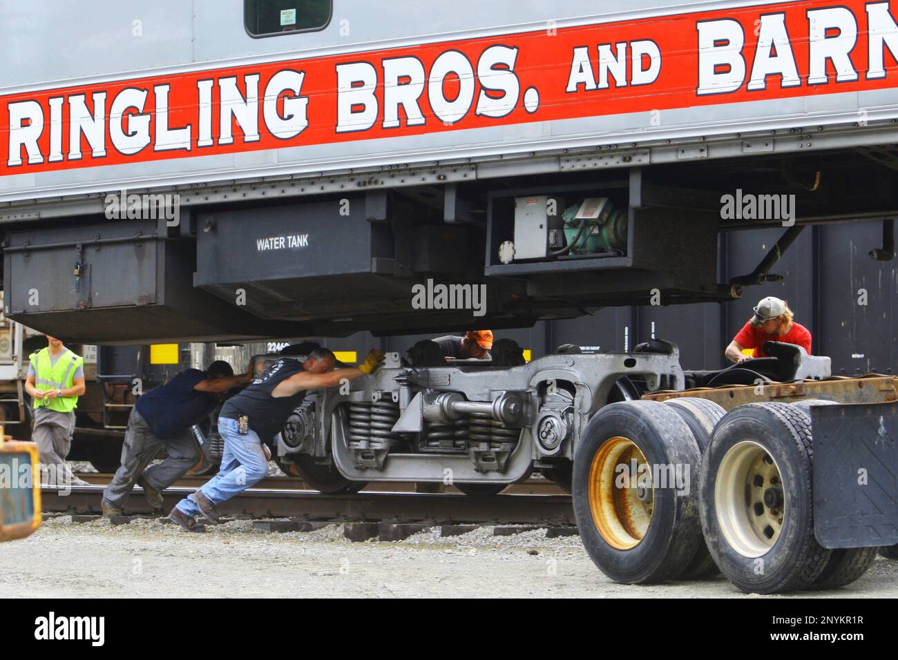 In this June 23, 2017, photo, crews work on a Ringling Bros. and Barnum ...