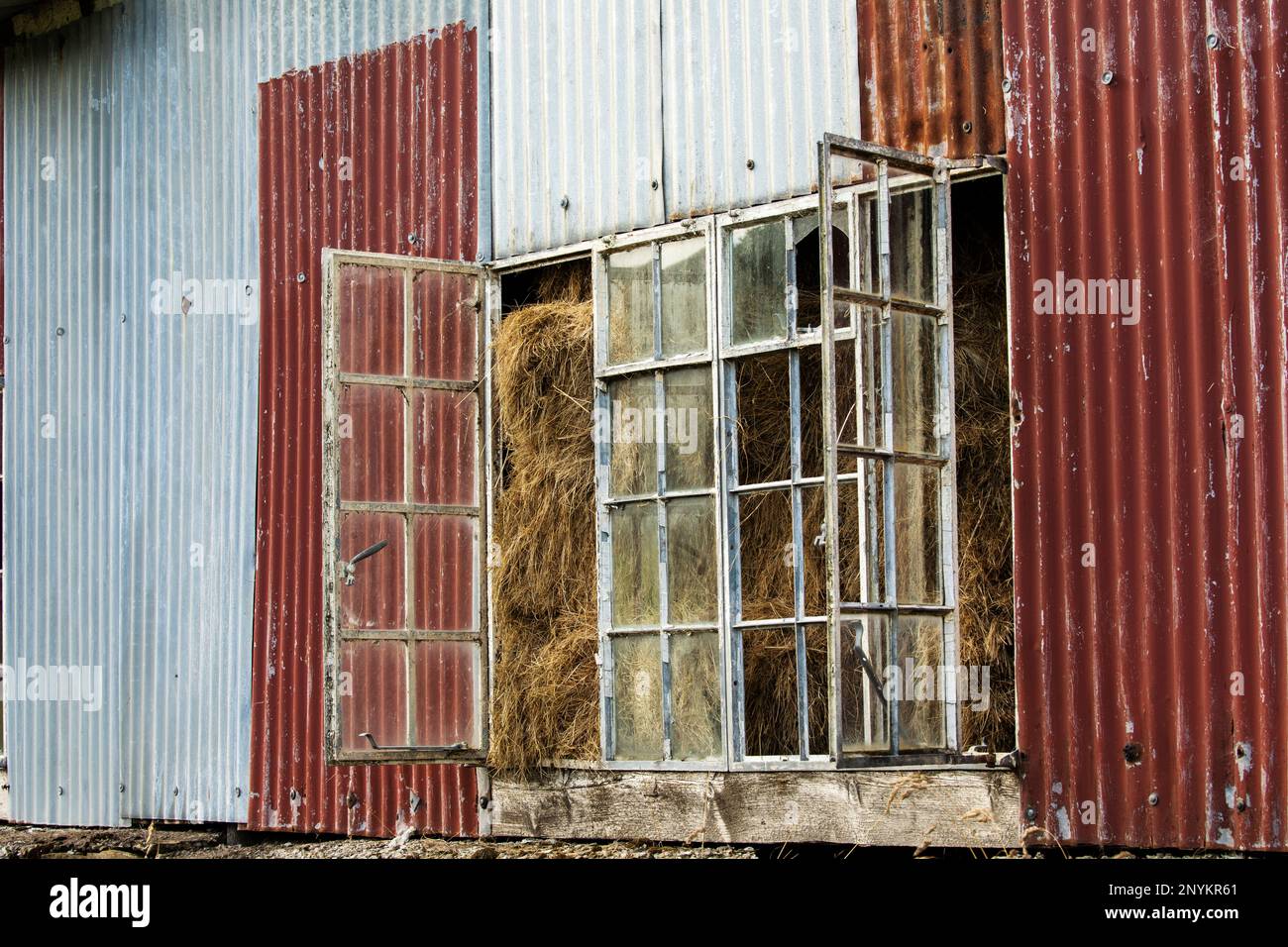 Hill House Farm. A corrugated iron hay barn with large old paned house ...