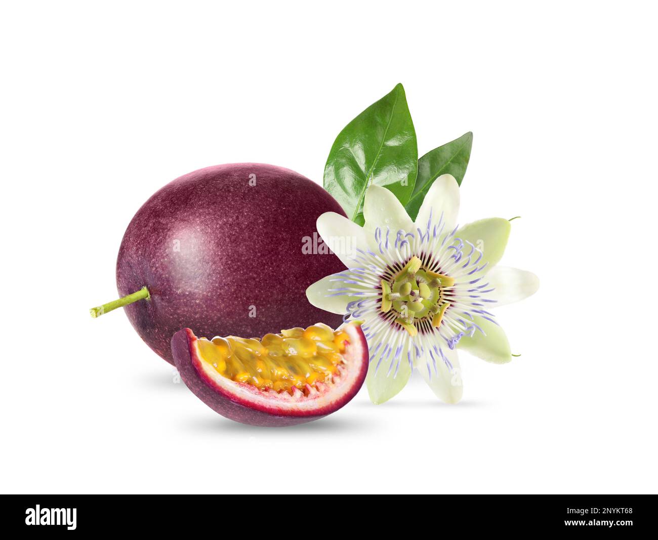 Delicious ripe passion fruits, flower and green leaves on white ...