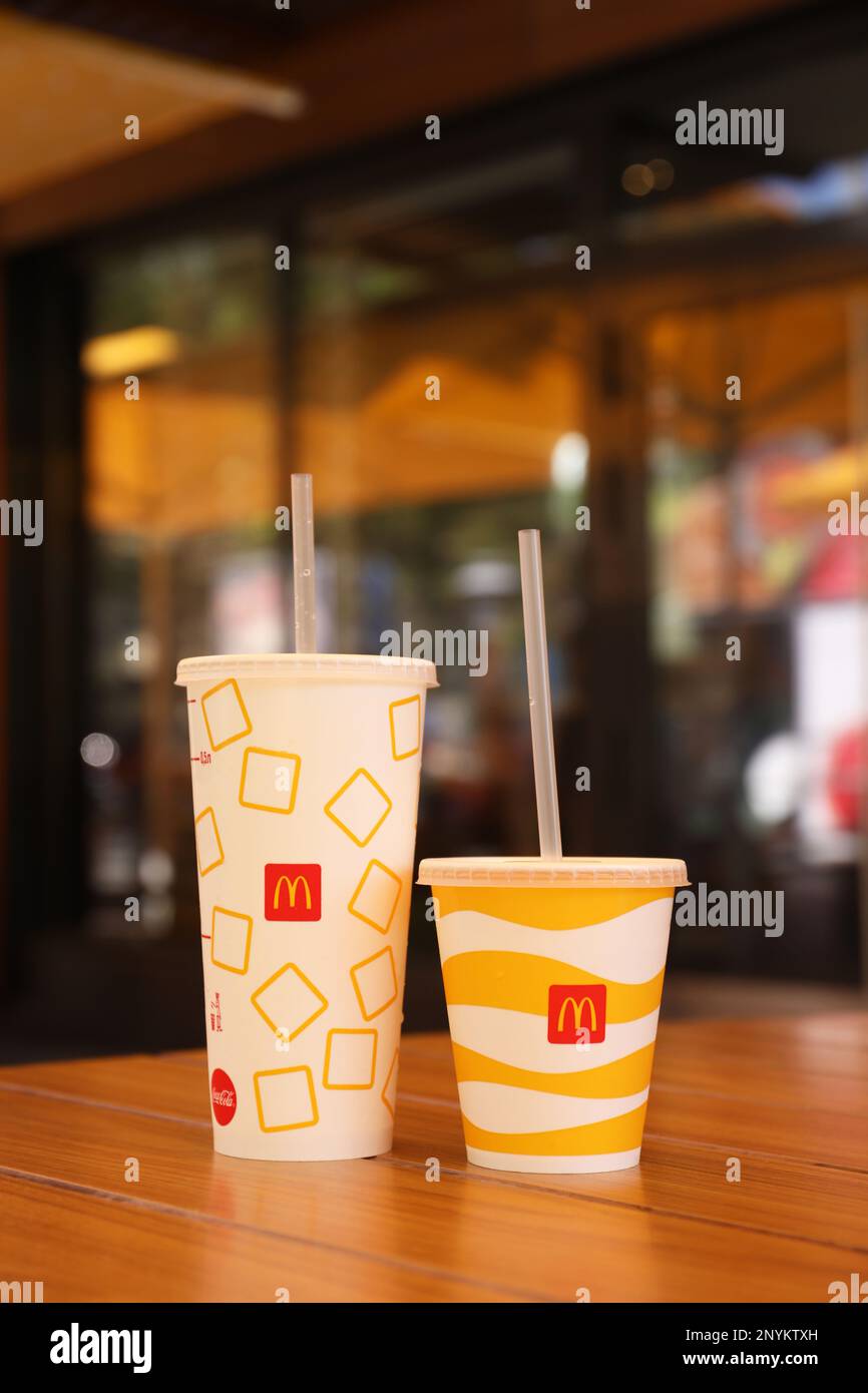MYKOLAIV, UKRAINE - AUGUST 11, 2021: Cold McDonald's drinks on table in ...