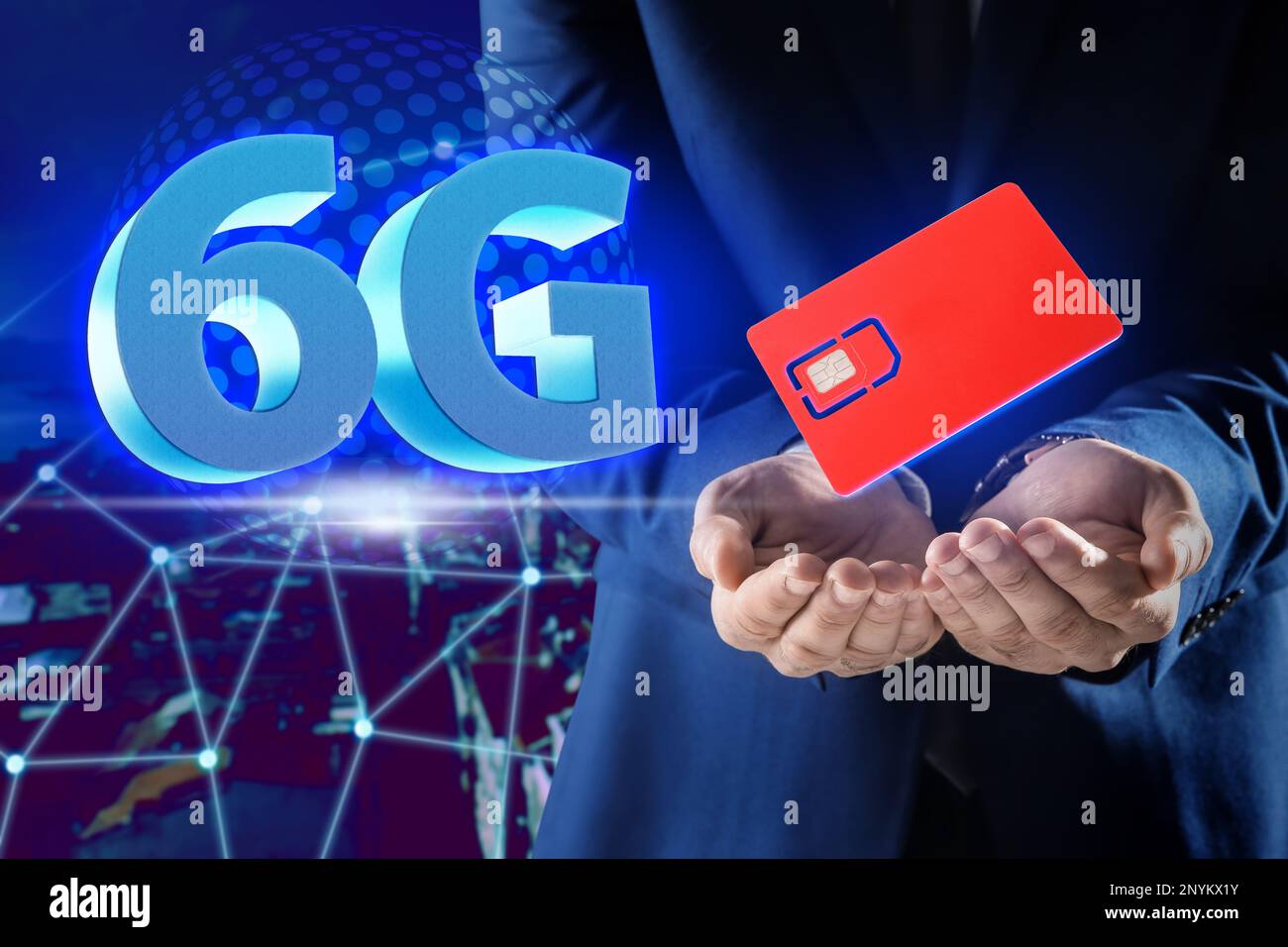 Man demonstrating 6G SIM card model and cityscape with connection lines ...