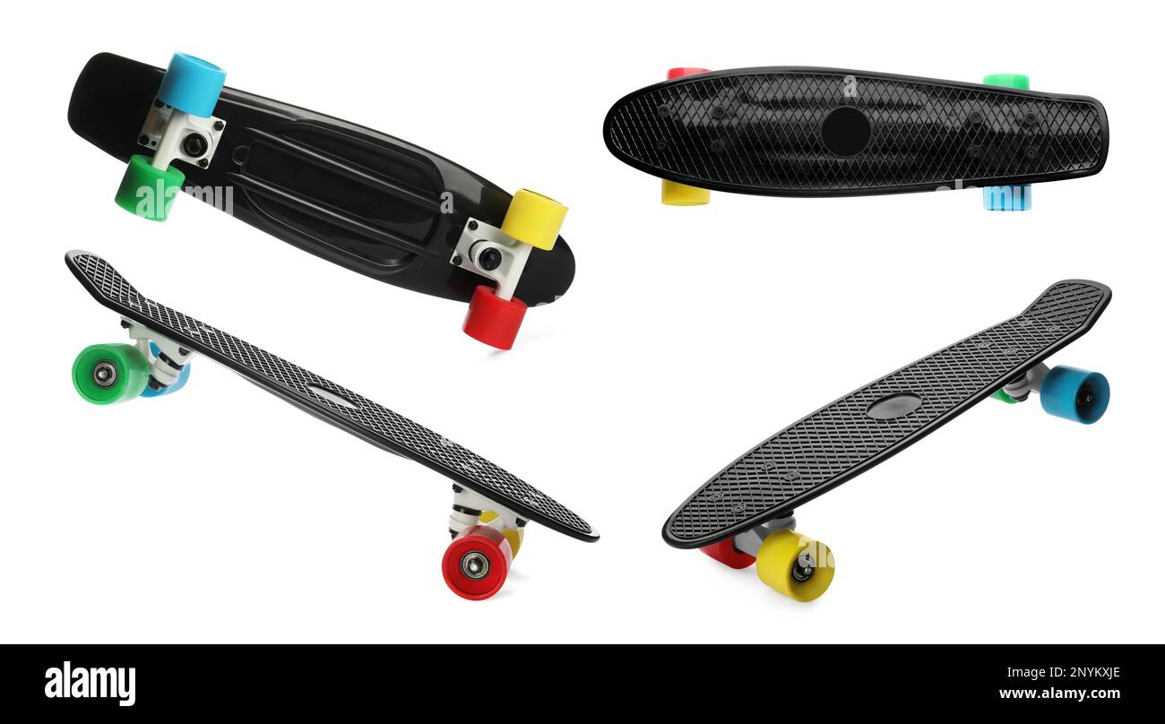 Black skateboards with colorful wheels on white background, collage ...