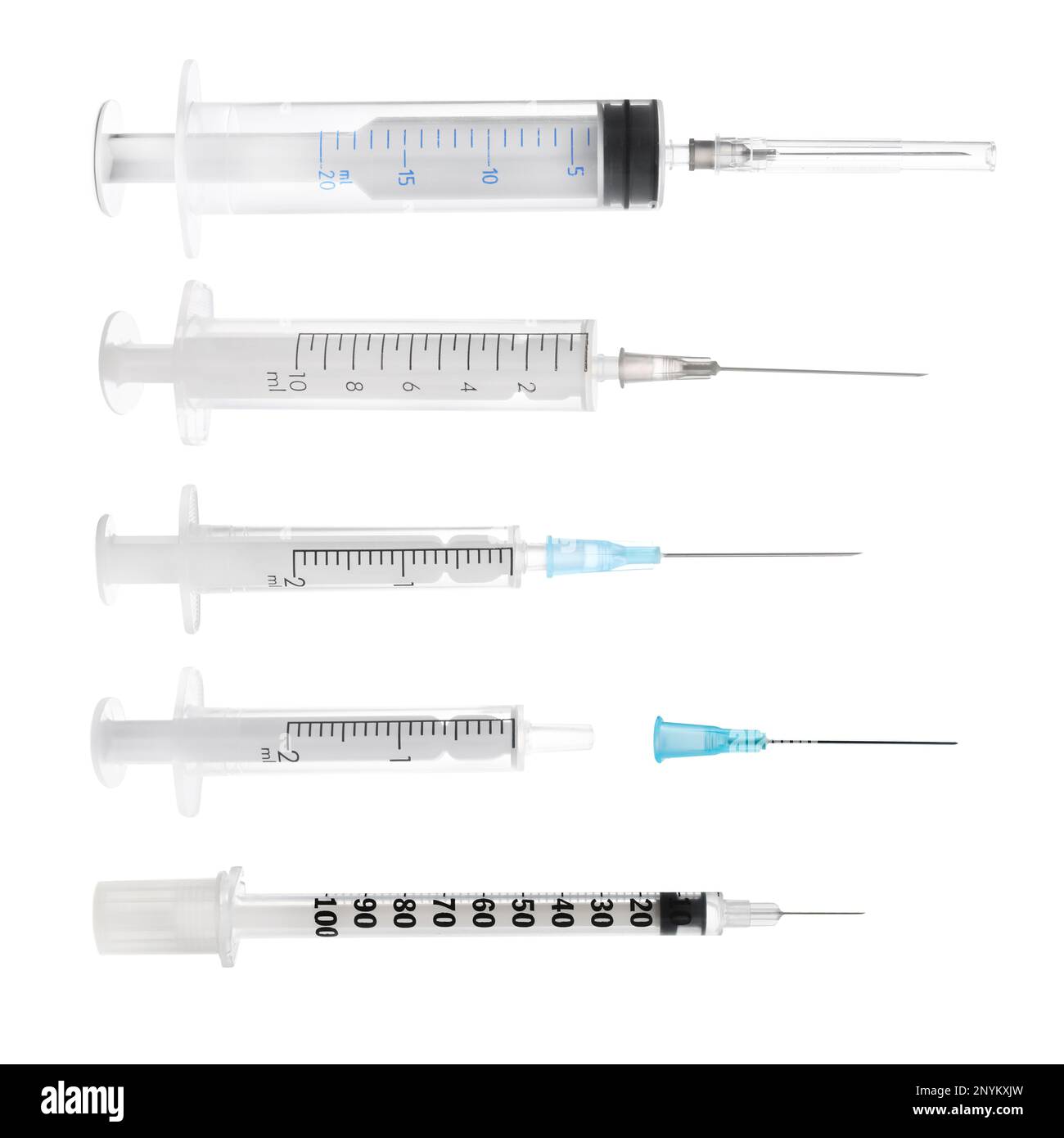 Different disposable syringes on white background, collage. Medical ...