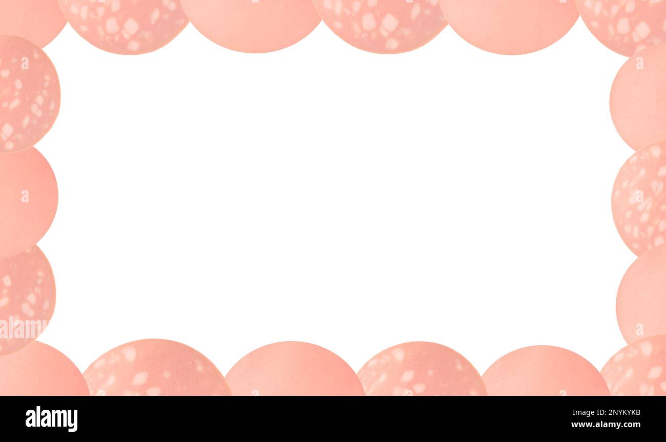 Frame made of sliced tasty boiled sausage on white background Stock ...