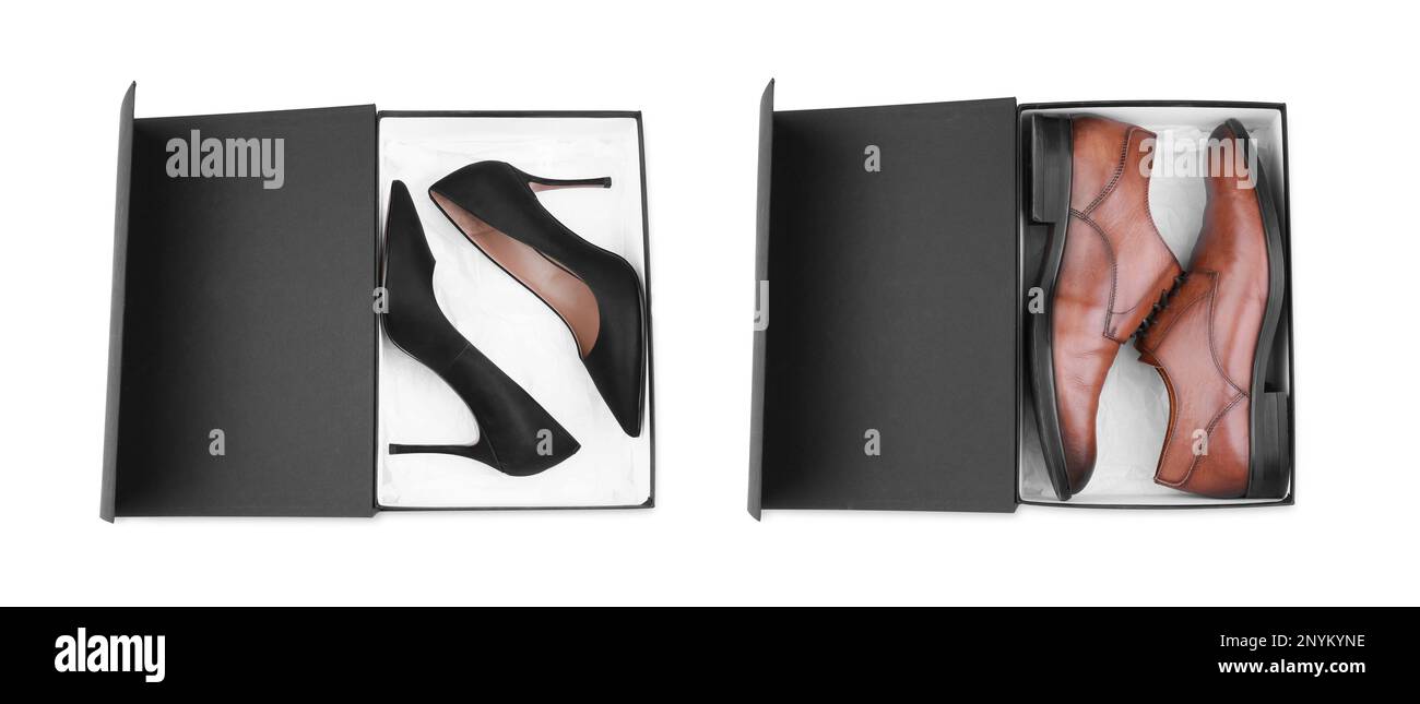 Pairs of stylish shoes in black boxes on white background, top view ...
