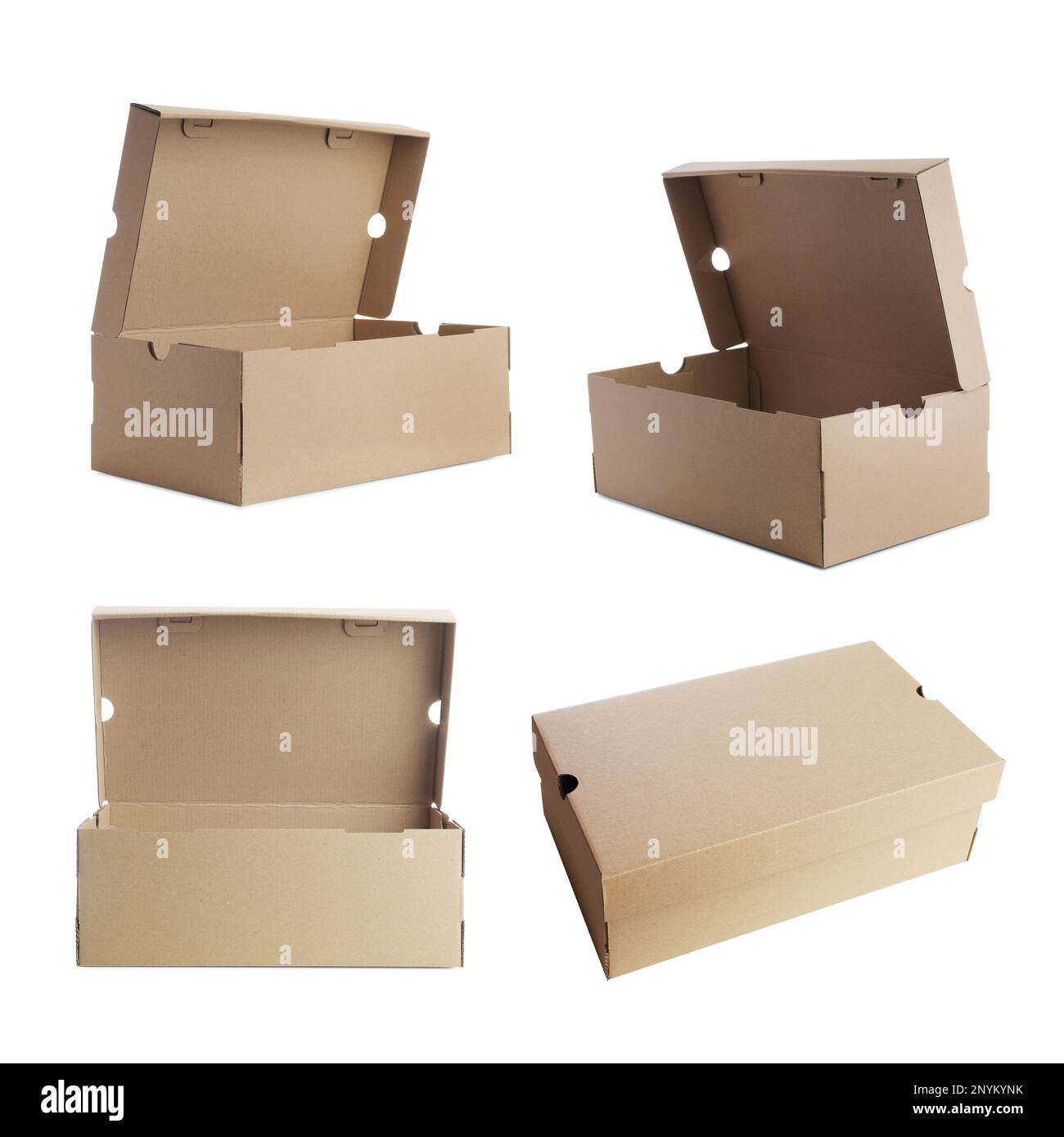 Set with cardboard boxes for shoes on white background Stock Photo - Alamy