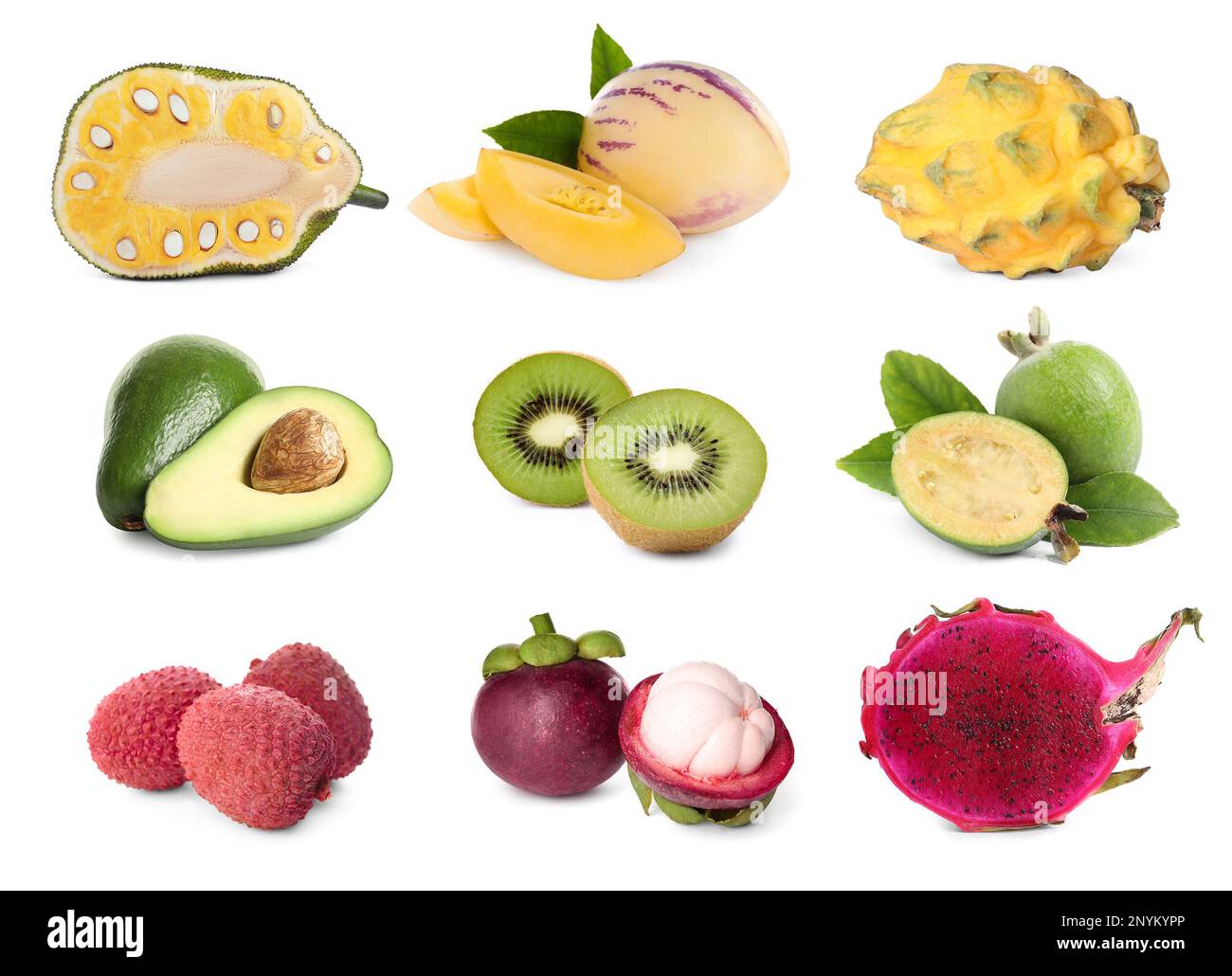 Set with different tasty exotic fruits on white background Stock Photo ...