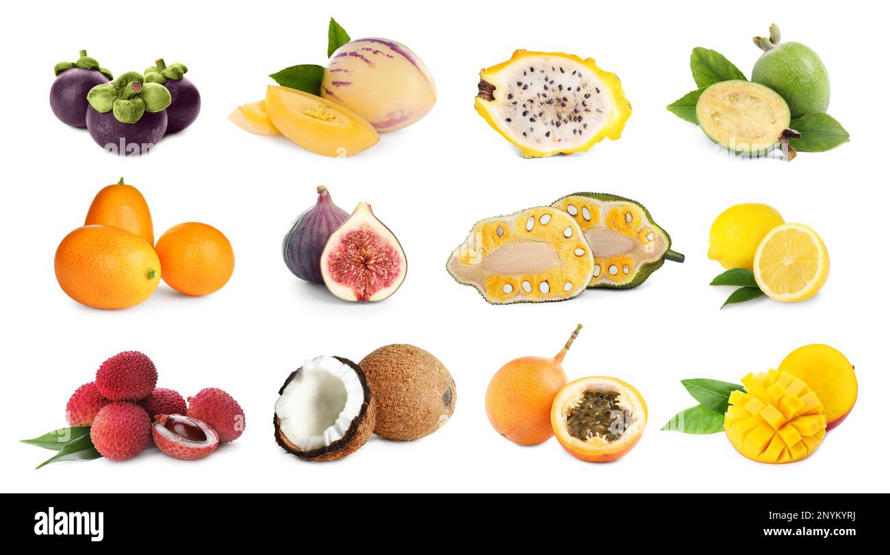 Set with different tasty exotic fruits on white background Stock Photo ...