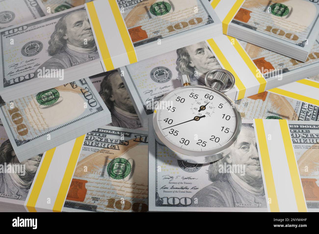 Stopwatch on a pile of US 100 dollar bills. 3D illustration of the ...
