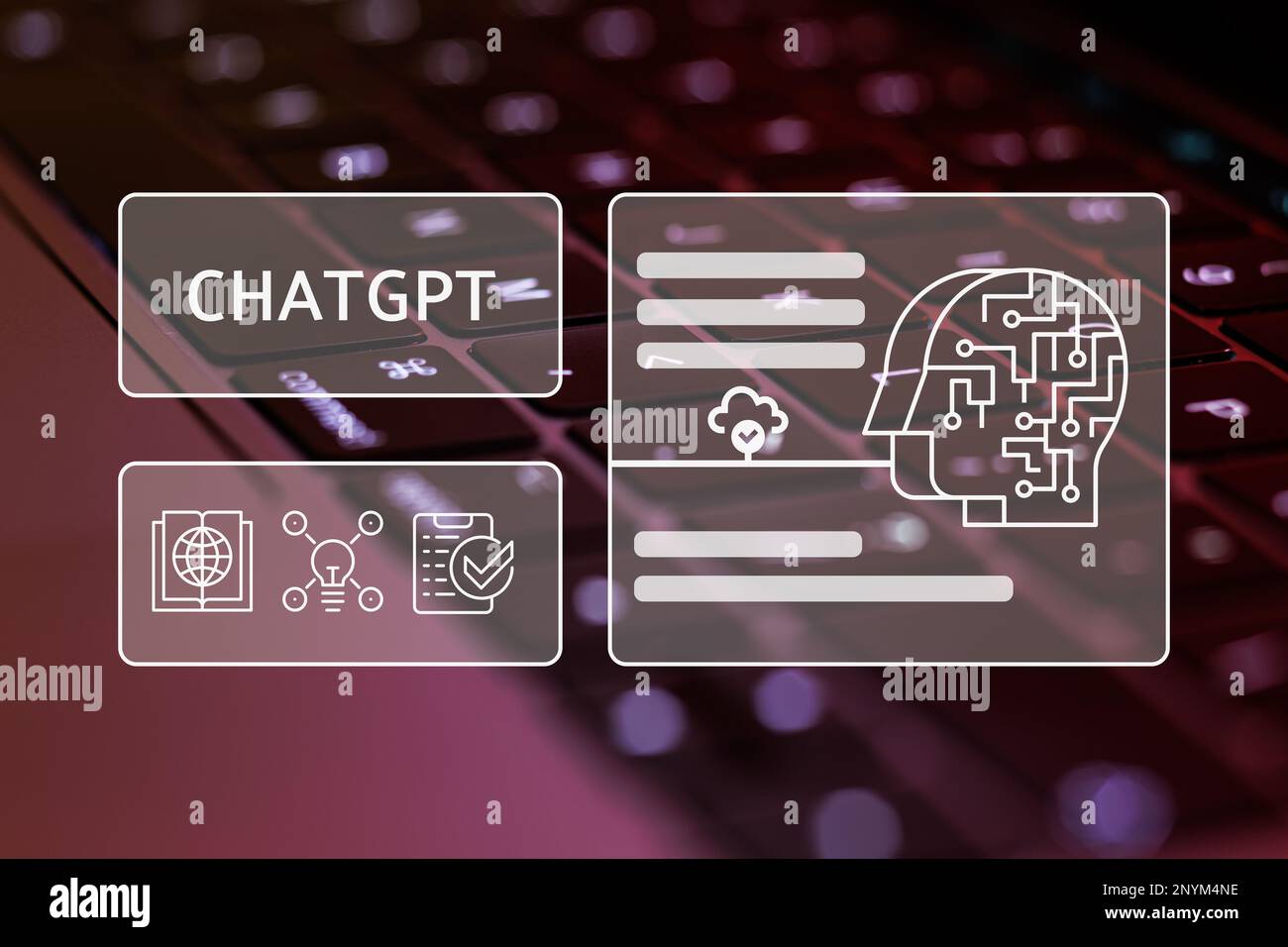 Chatgpt chatbot on blurred laptop keyboard background. Artificial intelligence AI digital ...