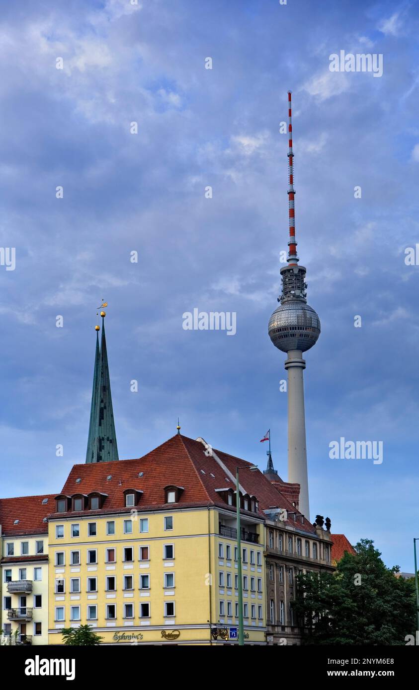 Bell towers of Nikolaikirche and Fernsehturm.Berlin. Germany Stock ...