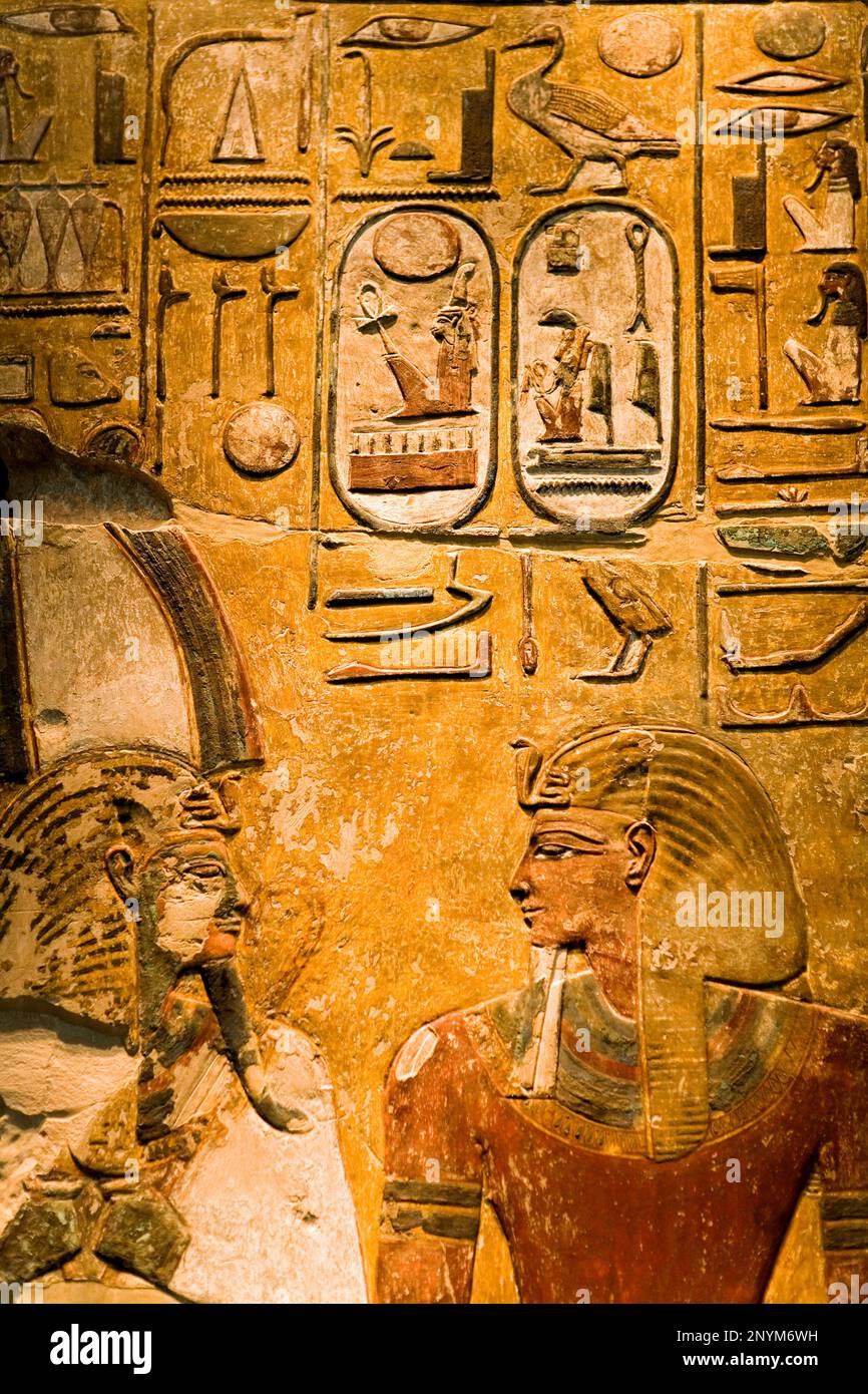 Museum Island.Neues Museum . Pillar fragment; King Seti I before the ...