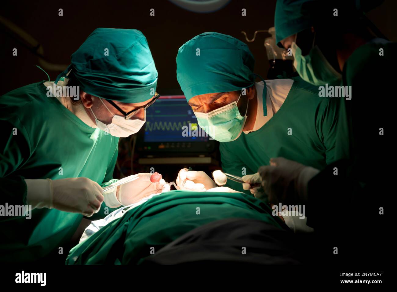 Team doctors operating room dressed green uniforms saving lives ...
