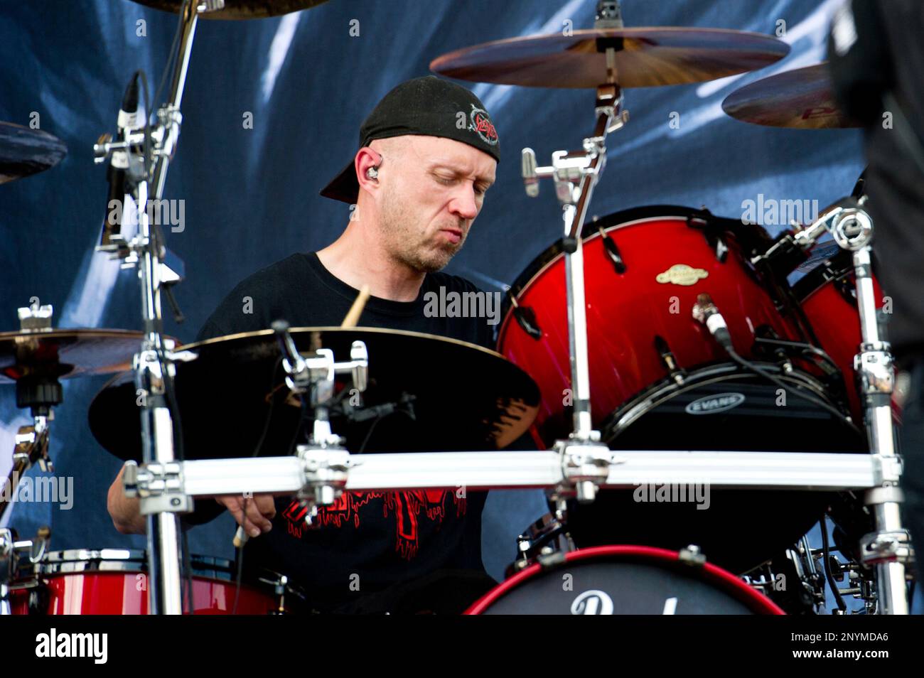 Jon Larsen of Volbeat performs during the 2013 Rock On The Range ...