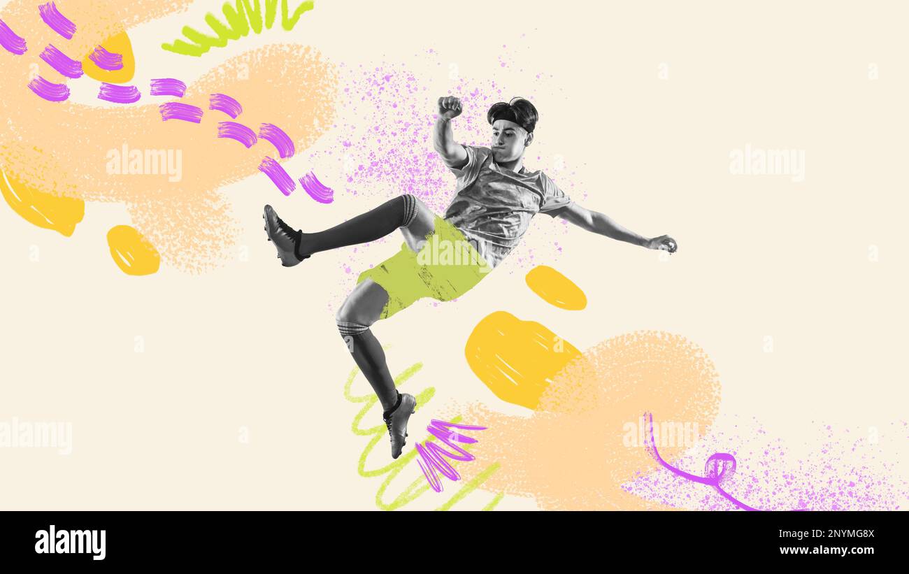 Creative design with young man, soccer player in motion with football ...