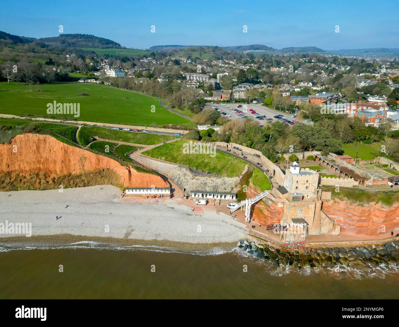 Sidmouth, Devon, UK. 2nd March 2023. UK Weather. View from the air of ...