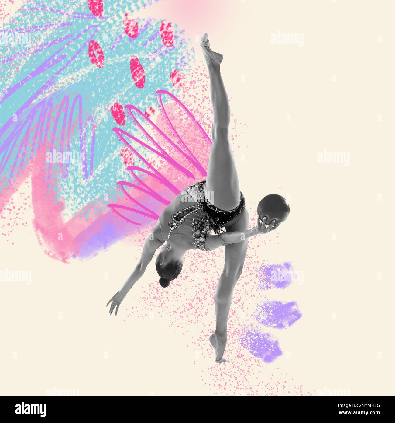Creative artwork of female professional rhytmic gymnast in motion and ...