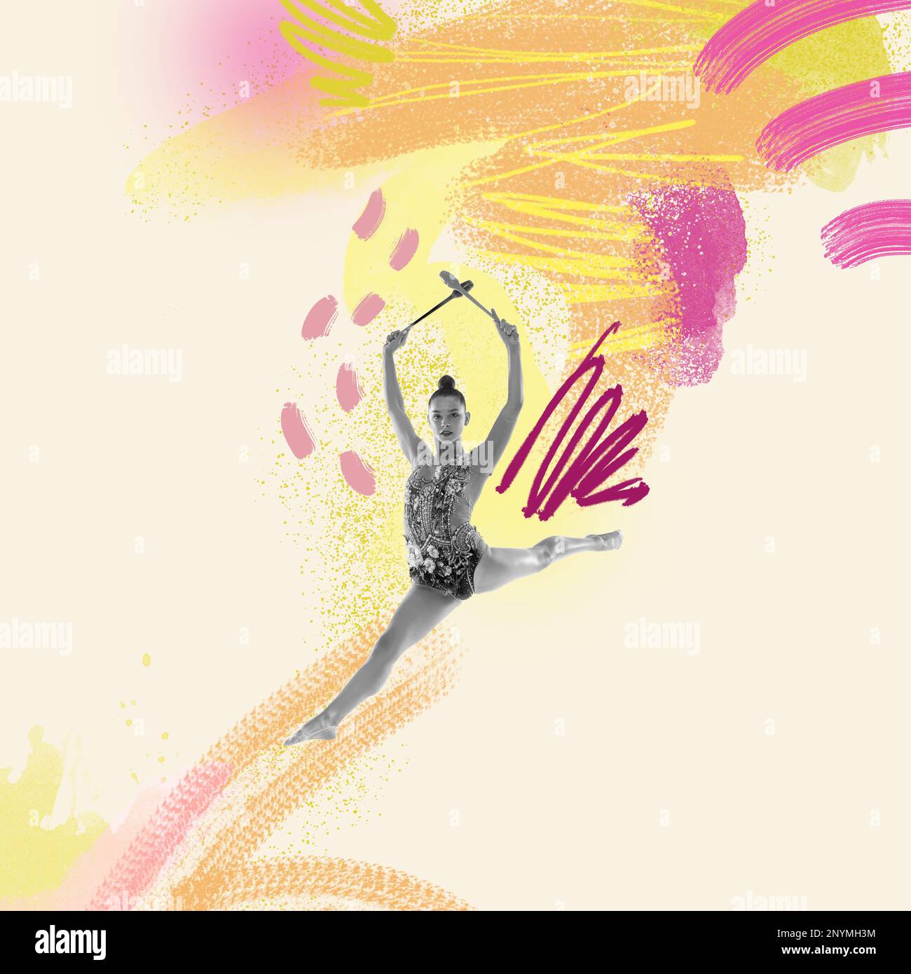 Creative artwork of female professional rhytmic gymnast in motion and ...