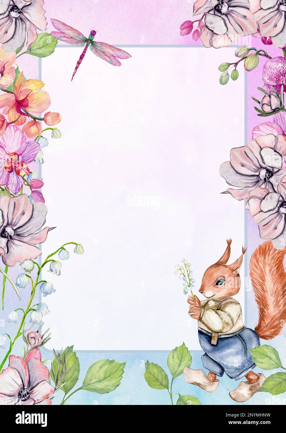 Hand drawn watercolor border template with flowers. Illustration of ...