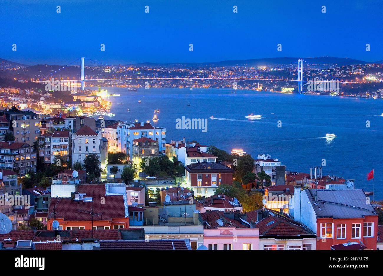 view from Beyoglu of Bosphorus Strait. In background Bosphorus Bridge ...