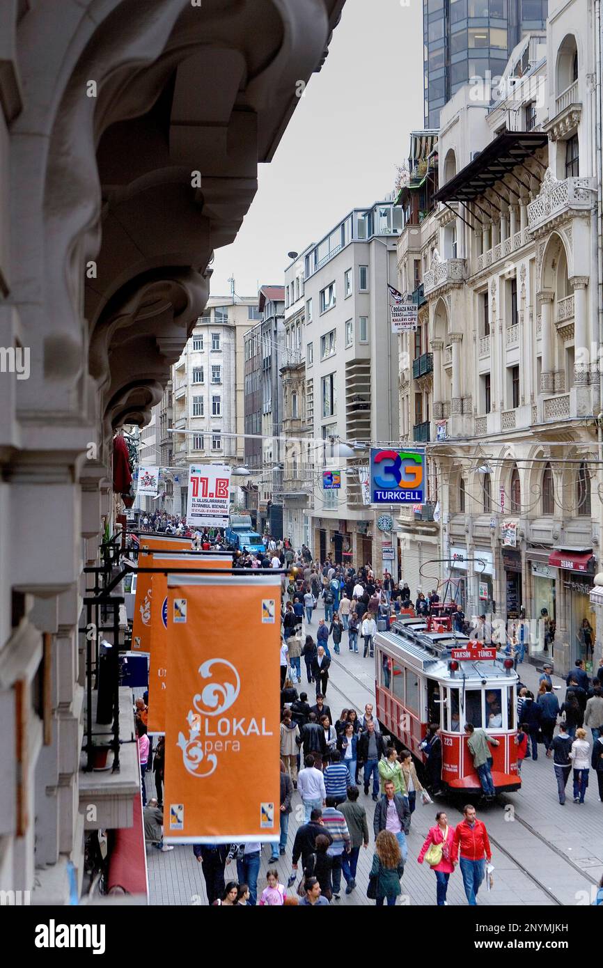 Tram on Istiklal pedestrian street in Beyoglu area Istanbul, Turkey ...