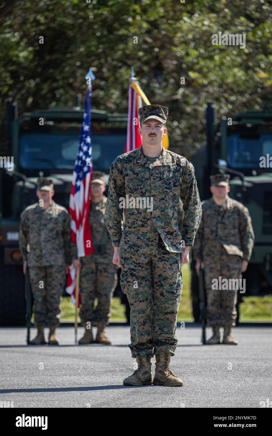U.S. Marines with Air Support Company Bravo (ASC-B), Marine Air Support Squadron (MASS) 2, stand ...