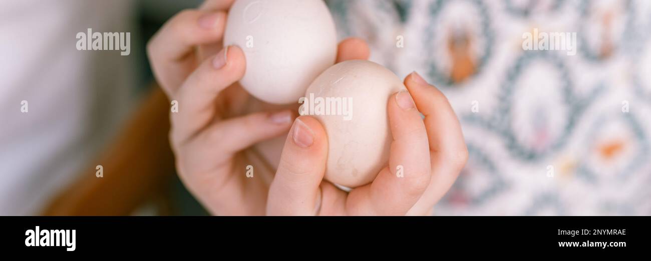easter holiday time in spring season. traditional children hands are ...