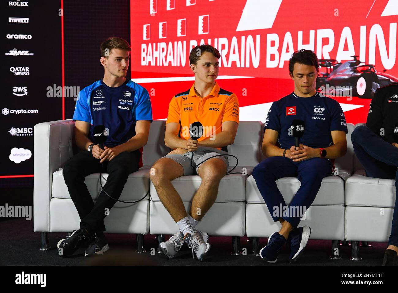 Sakhir, Bahrain. 03rd Mar, 2023. (L to R): Logan Sargeant (USA) Williams Racing; Oscar Piastri ...