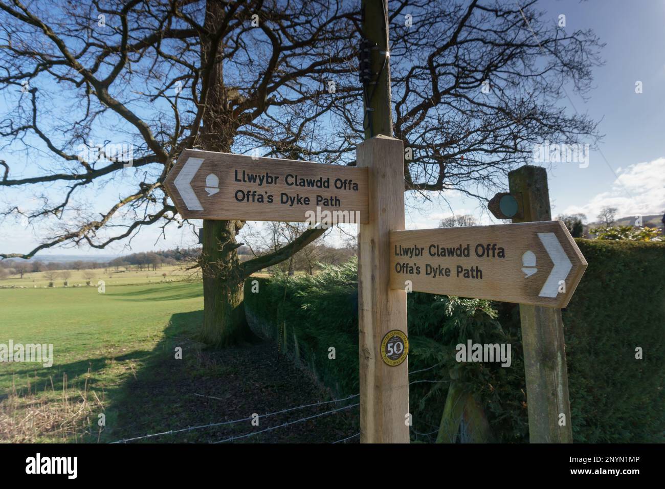 Offa's Dyke public footpath sign in English and Welsh languages in ...