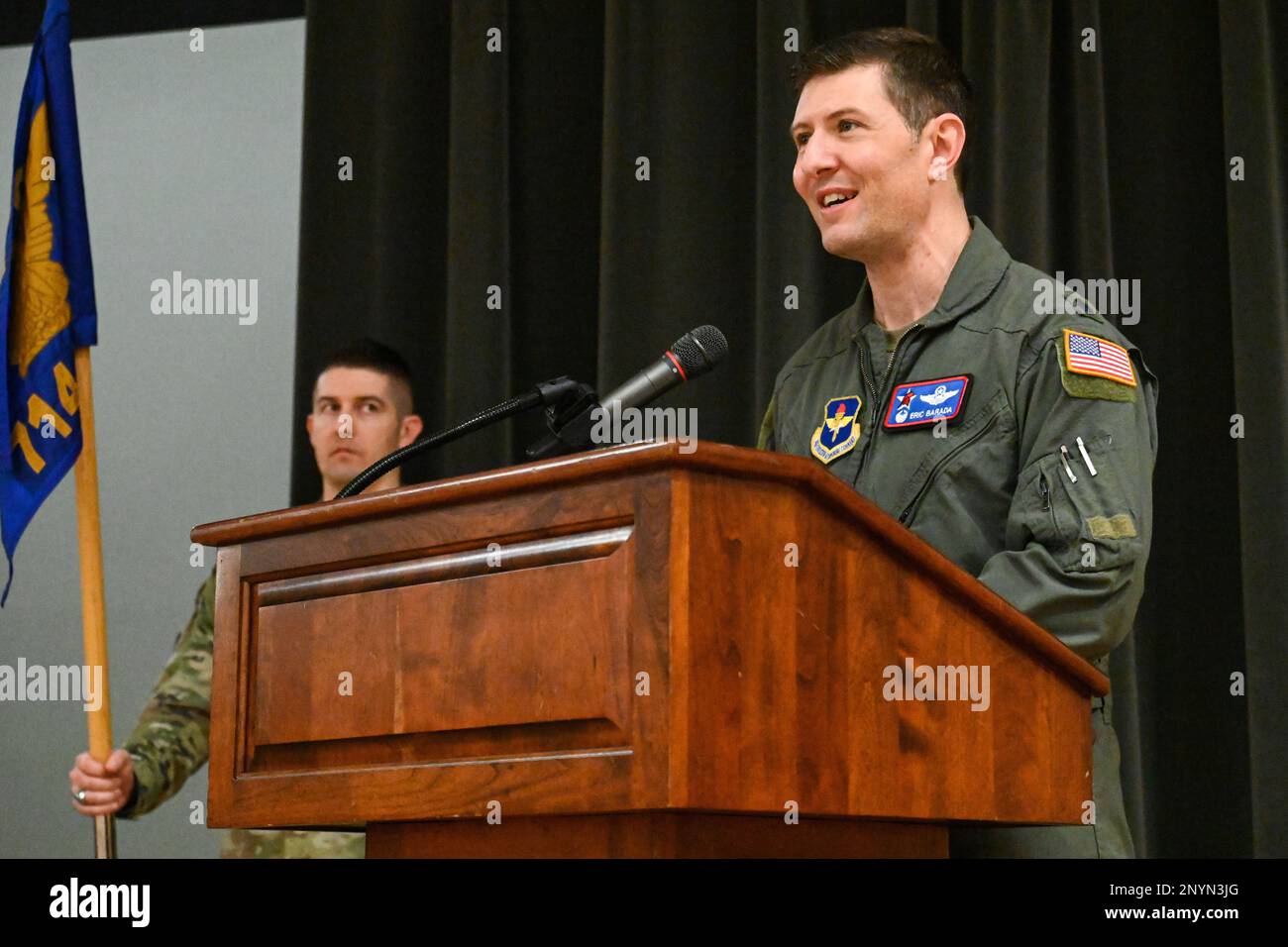 Lt. Col. Eric Barada, 714th Training Squadron commander, gives a speech ...