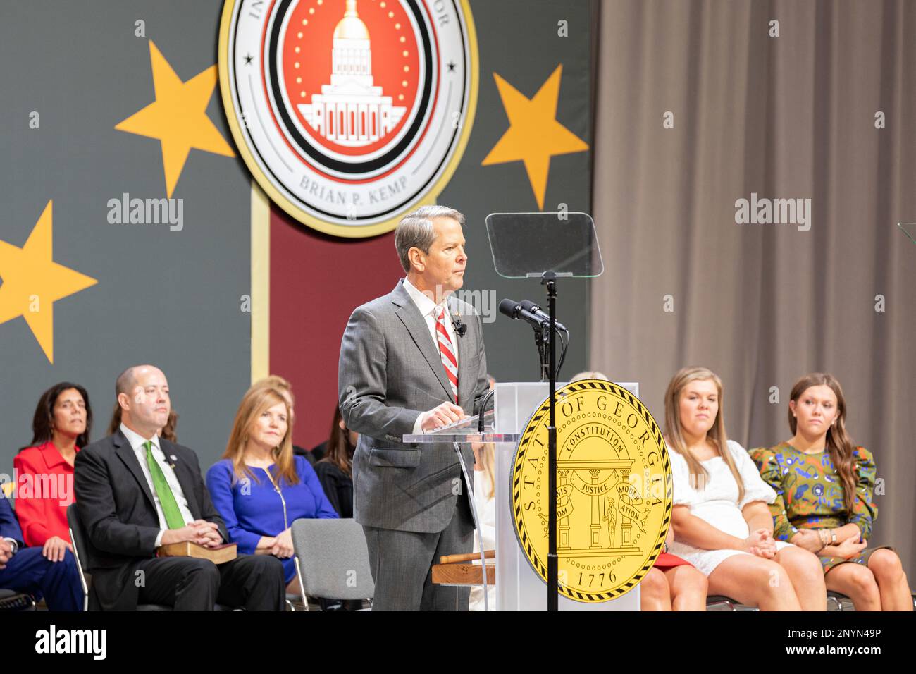 U.S. Governor Brian Kemp takes the oath of office after being re ...