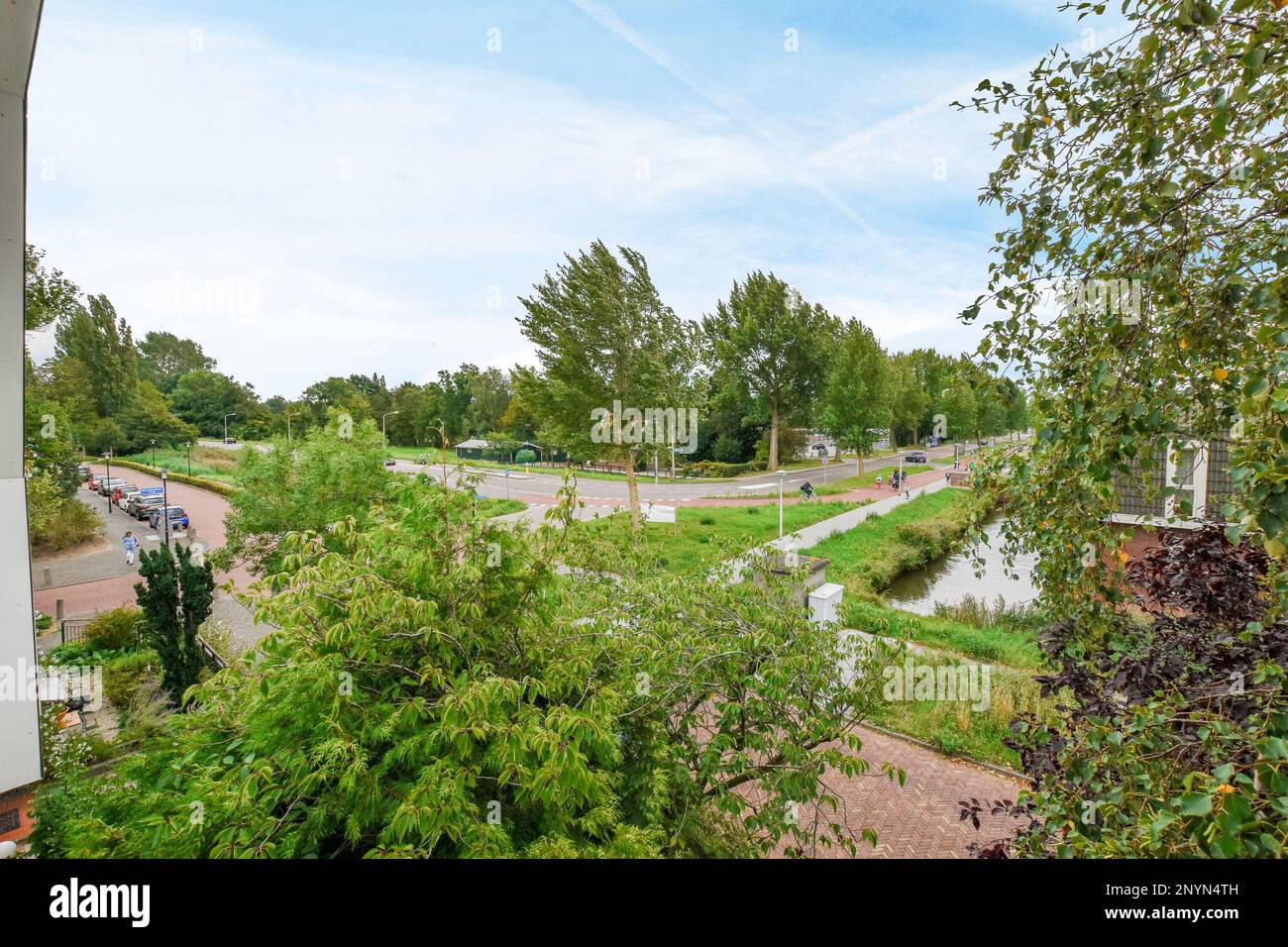 a view from the window of a house with trees and bushes in the fore ...