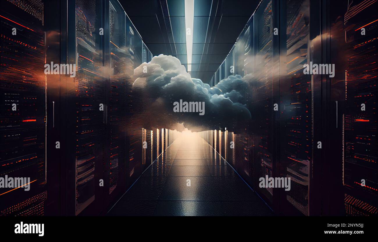 mainframe computer server, digital technology cincept, in dark with ...