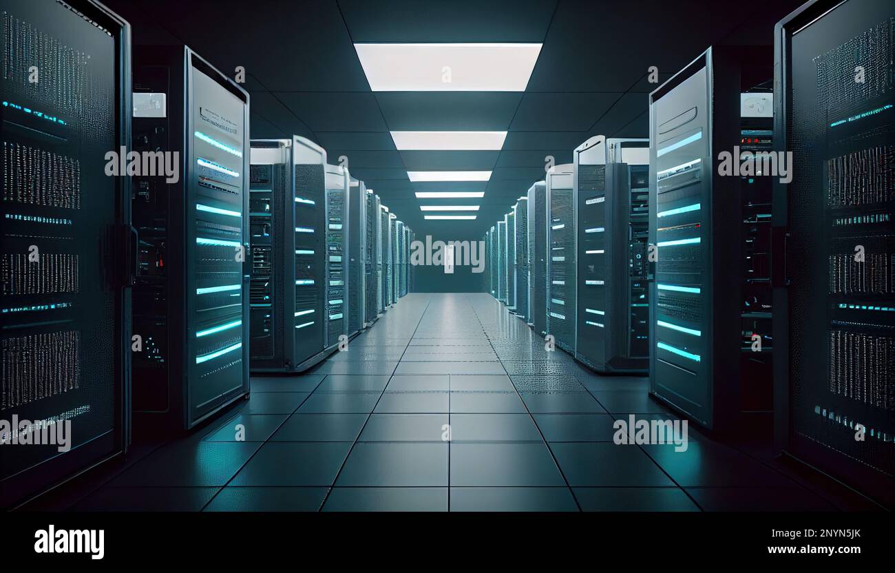 mainframe computer server, digital technology cincept, in dark with ...