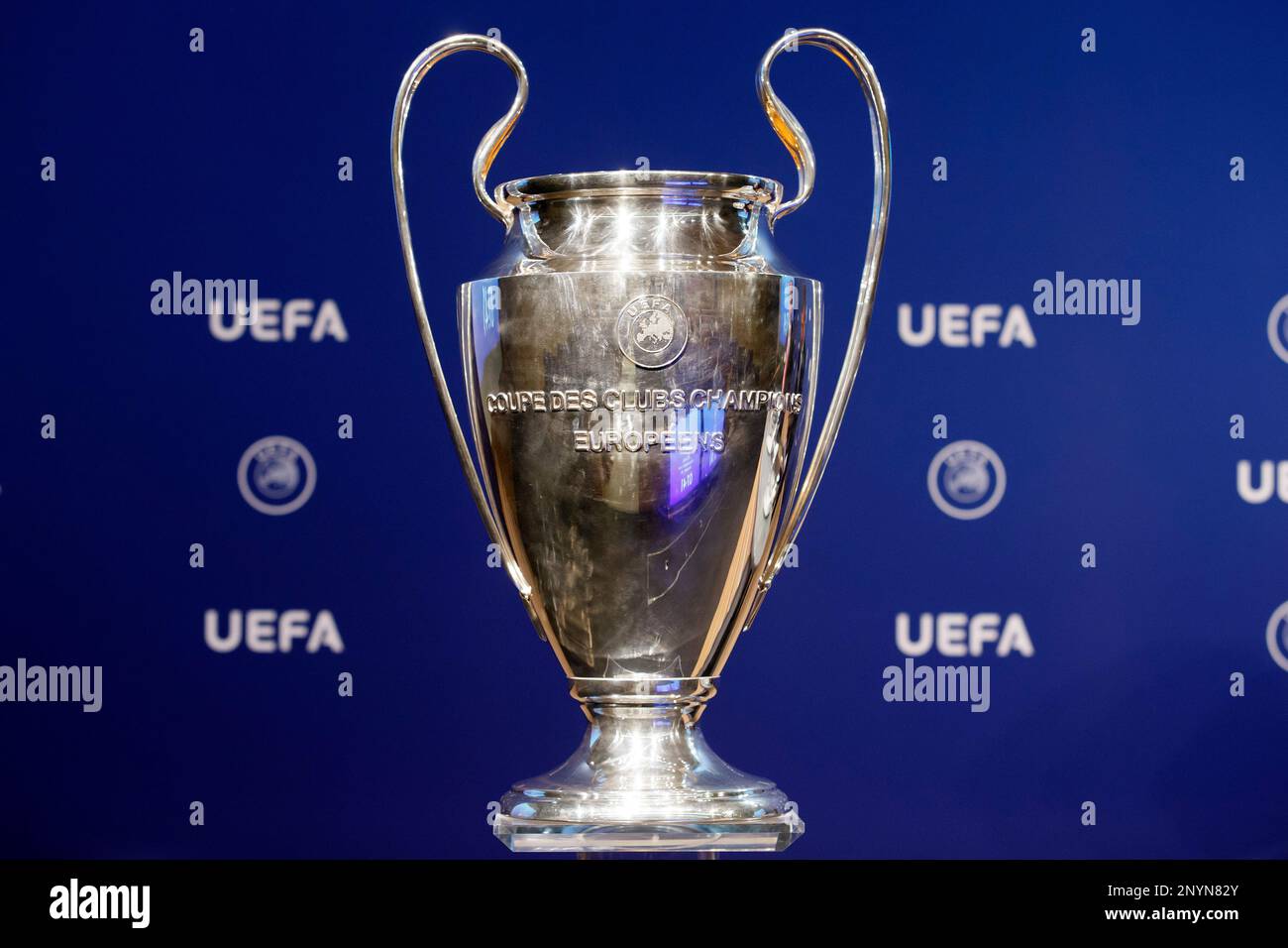 The Champions League trophy is pictured, during the drawing of the ...