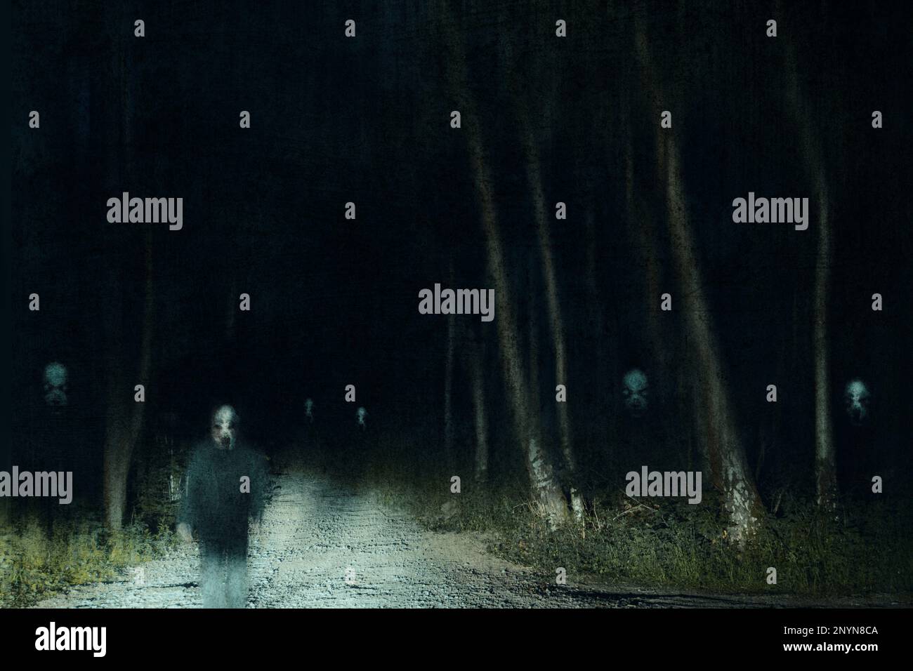 A horror concept of a gruop of scary figures with skull like faces ...