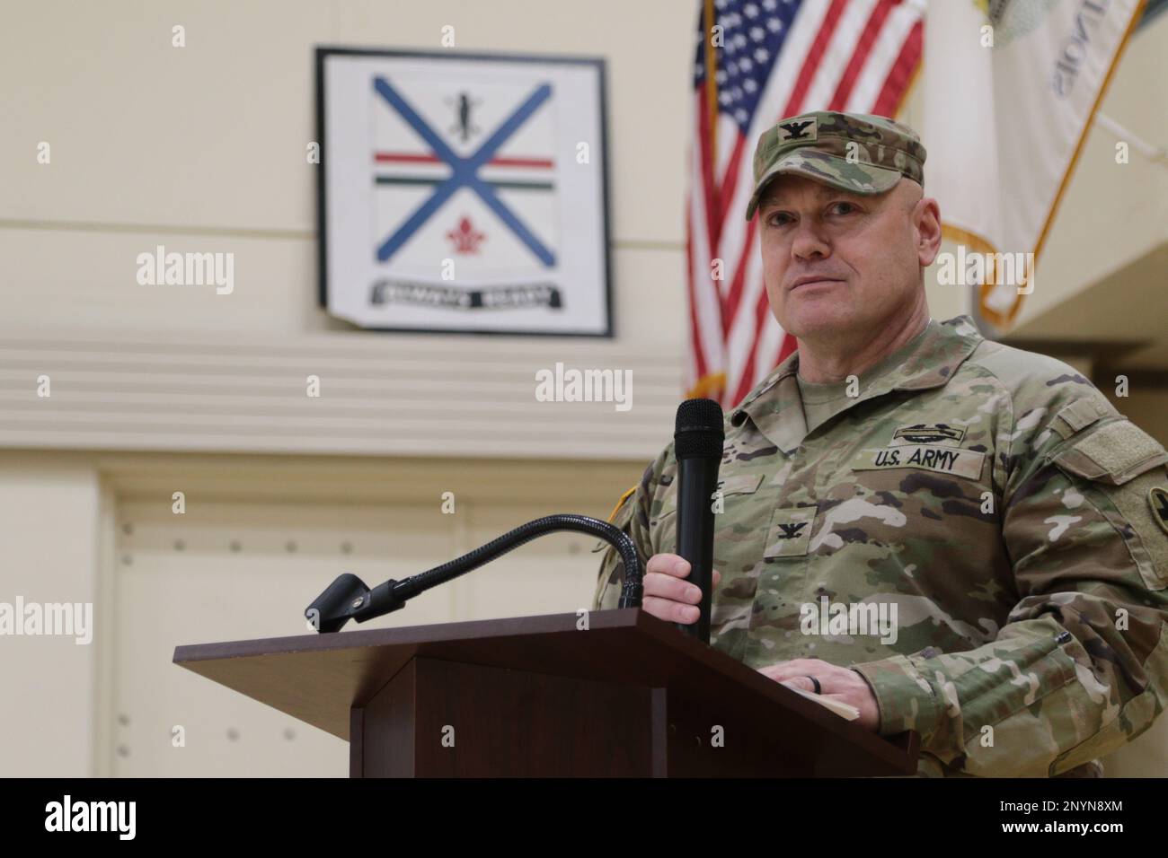 Col. Seth Hible of Winfield, Illinois, gives remarks after taking ...