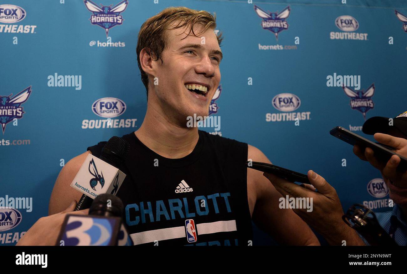 Tim Kempton speaks to reporters at the Hornets pre-draft workout at the ...