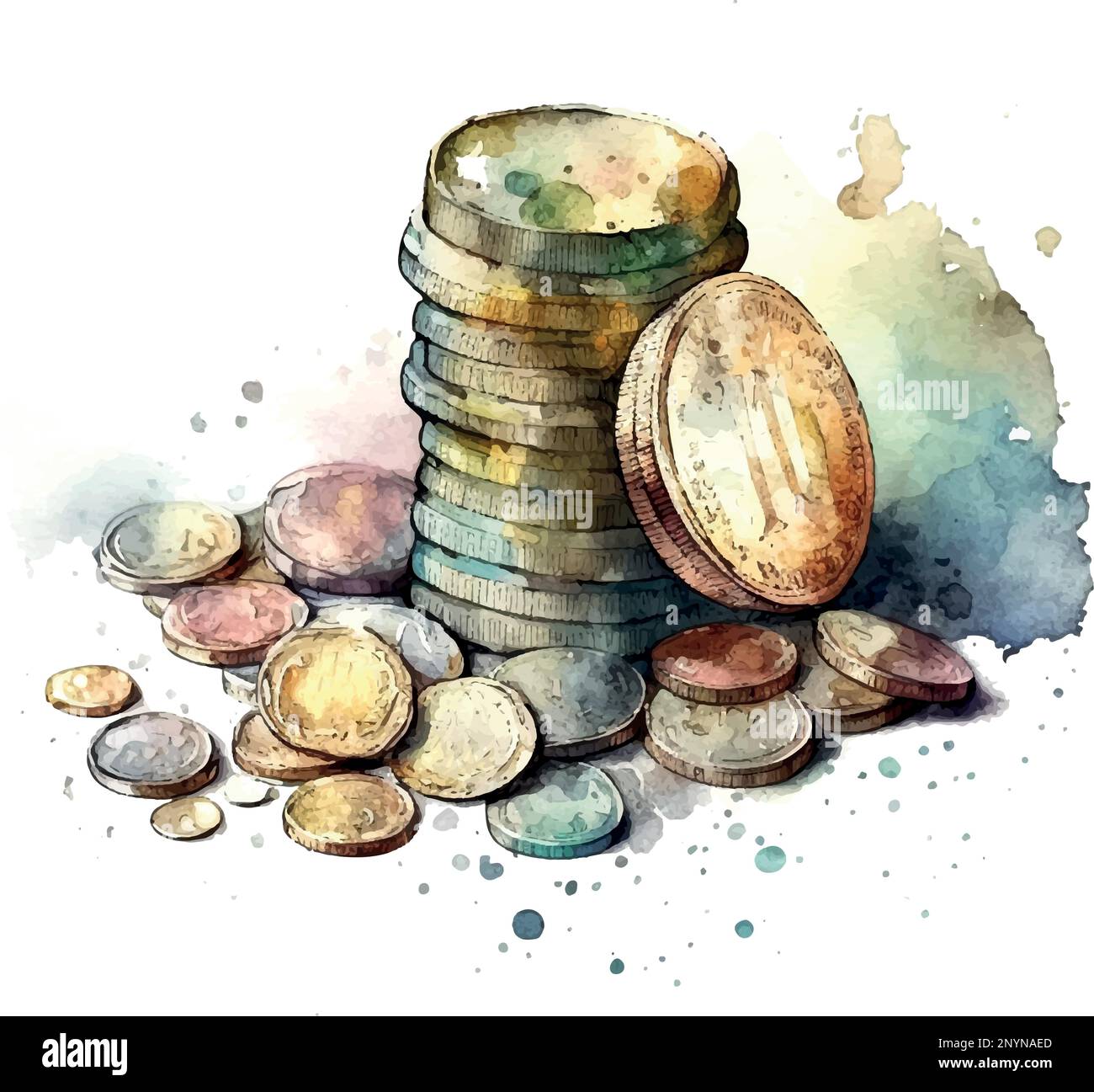 Coins stack vector illustration, watercolor, coins pile, coins money ...