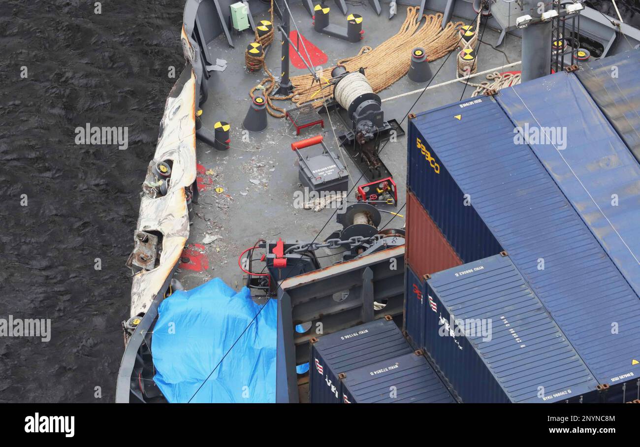 This aerial photo shows the Philippine cargo ship ACX CRYSTAL, damaged ...