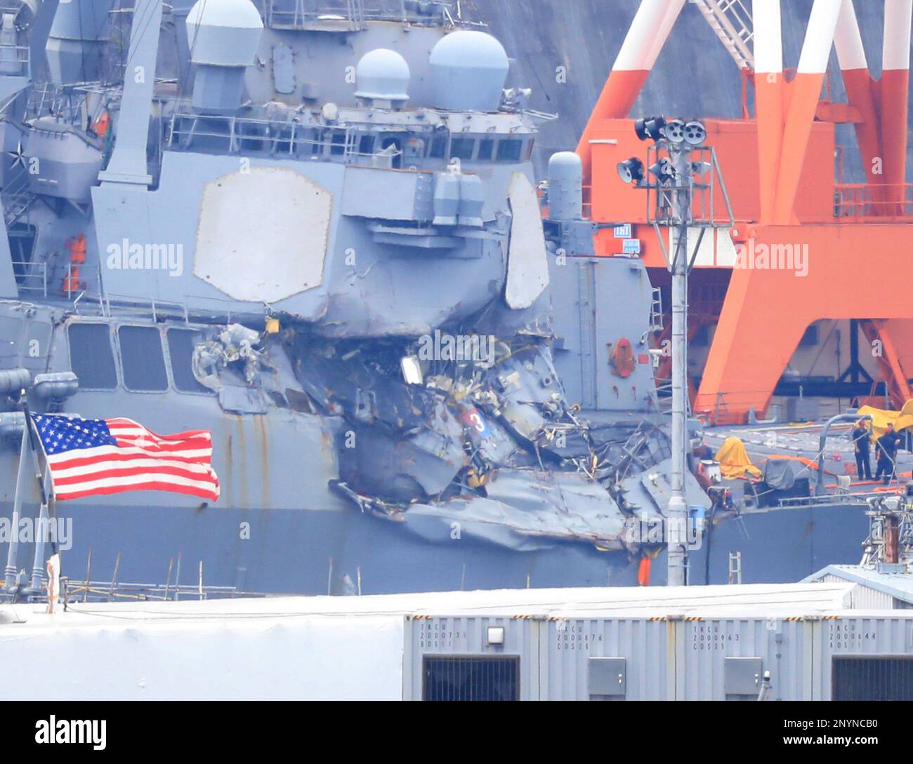 The USS Fitzgerald, damaged by the collision with the Philippine cargo ...